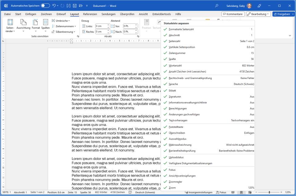 Nützliche Statusleisten-Funktionen in Word - onlinepc.ch