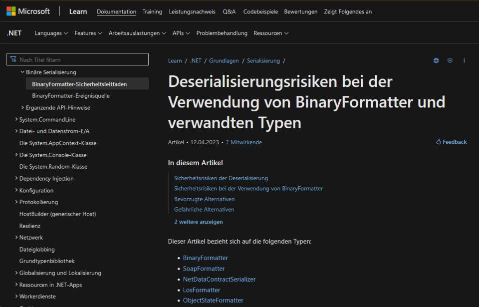 .NET: Ersatz für die Klasse BinaryFormatter - onlinepc.ch